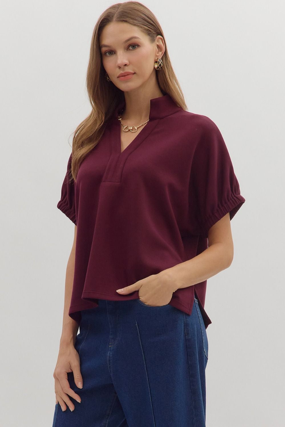 Entro Burgundy Luxe Split Neck Top – www.shoppesonmainconover.com